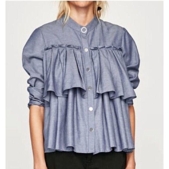 Zara | Tops | Nwt Zara Blue Tiered Ruffled Blouse 34 Sleeve Medium ...